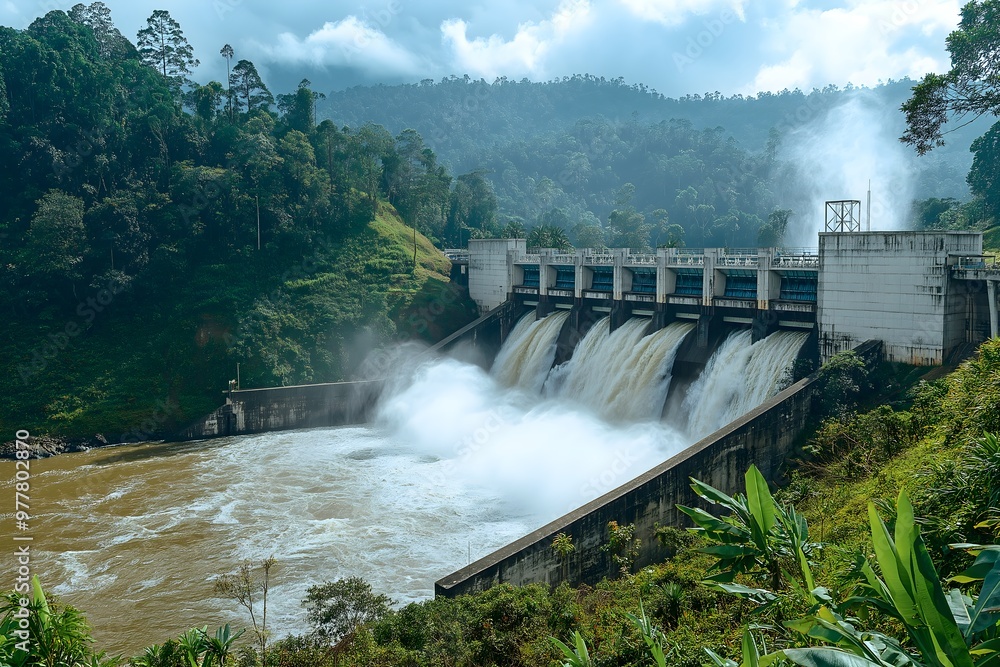 A Hydroelectric Dam Generating Clean Energy, With Water Cascading Down ...