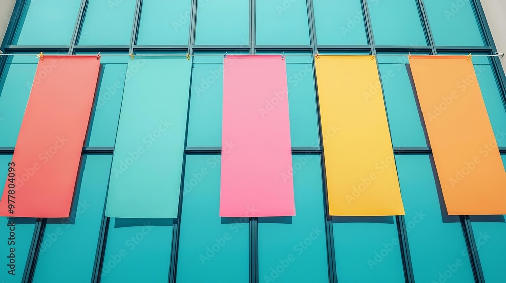 Outdoor office building with banners celebrating a work anniversary ...