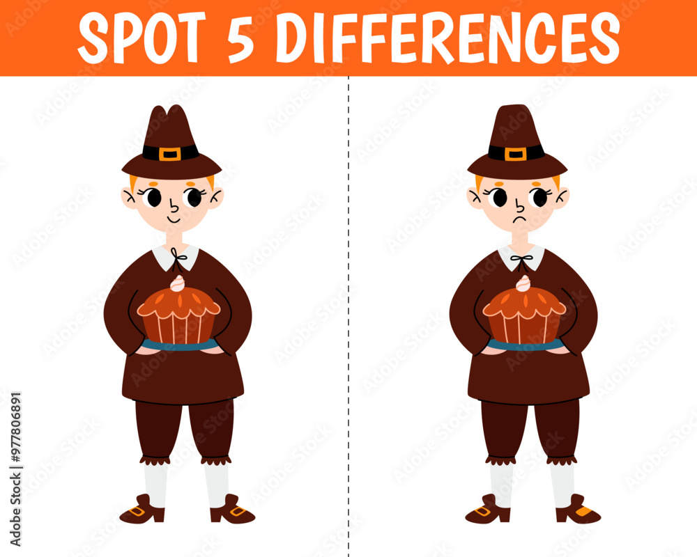 Pilgrim with pumpkin pie in cartoon style. Find 5 differences ...