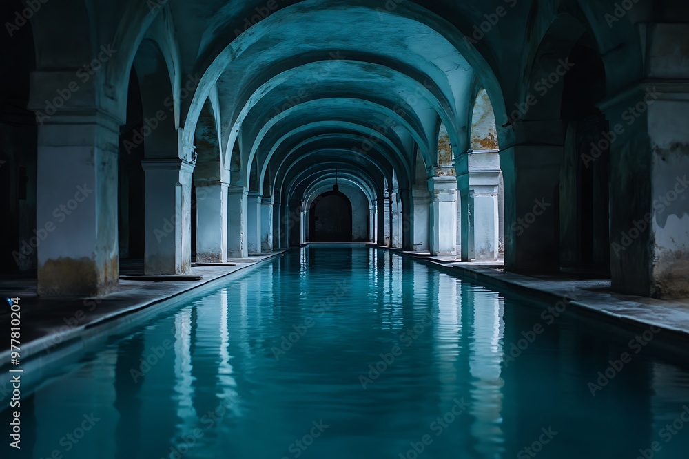 Mysterious indoor swimming pool with arched ceiling and teal water ...