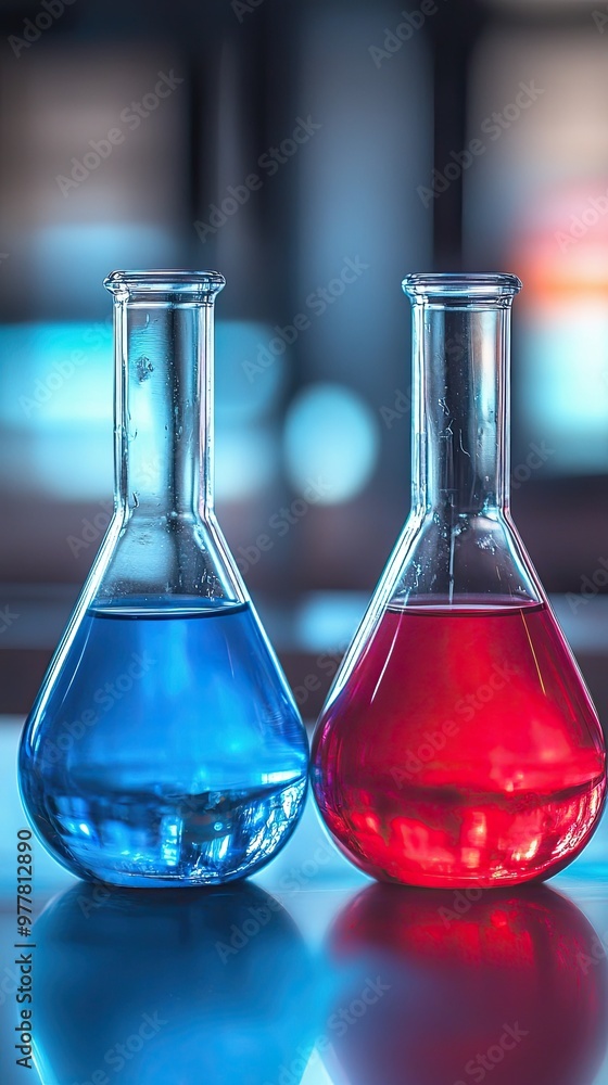Colorful Laboratory Flasks Filled With Blue and Red Liquids on a Table ...