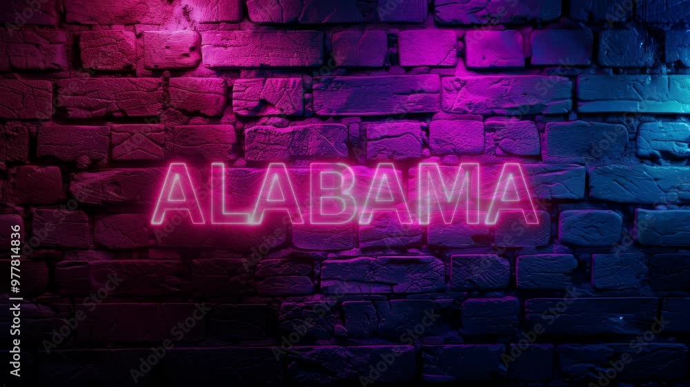 Video footage of Pink glowing Alabama text, typography neon on brick ...
