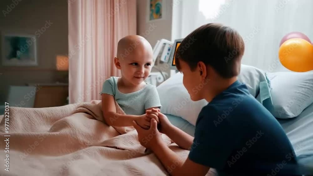 Bald boy smiling in cancer hospital bed,child with cancer, elderly ...