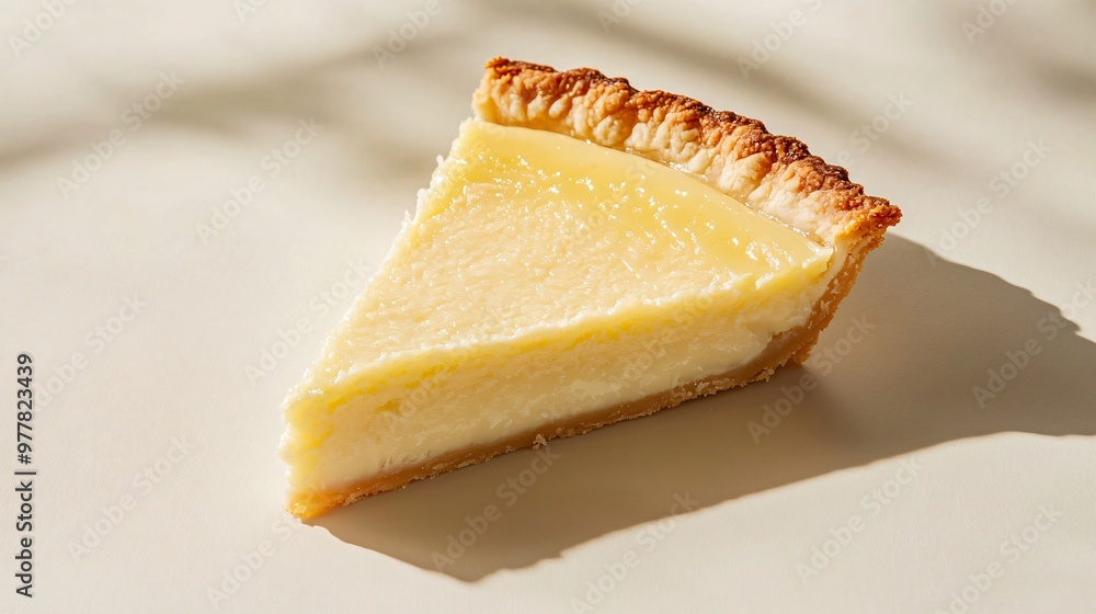 A milk-based coconut custard pie slice, isolated on a pale beige ...