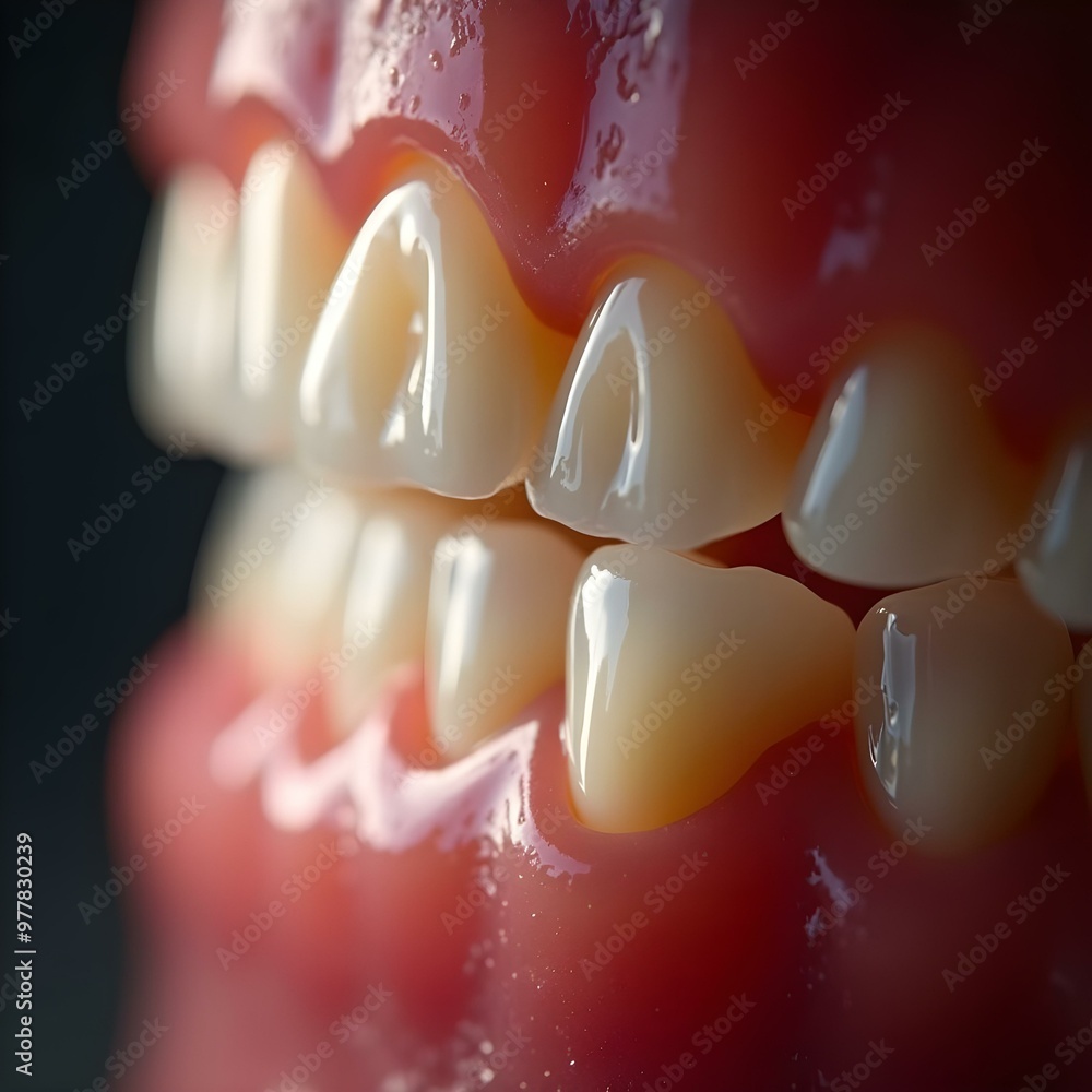 of a set of perfectly aligned white teeth, showing the smooth texture ...