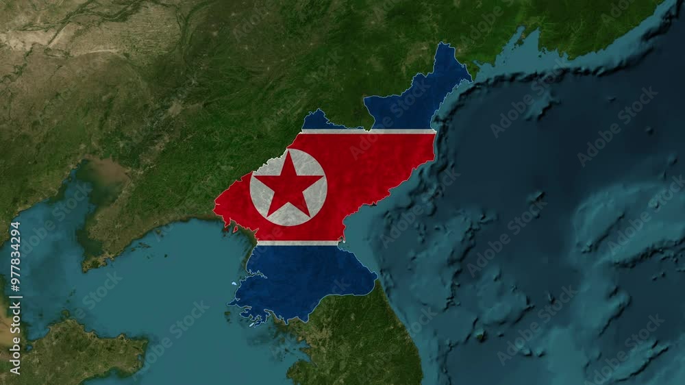 Zoom from Earth to North Korea. (Country Flag) World map animation with ...