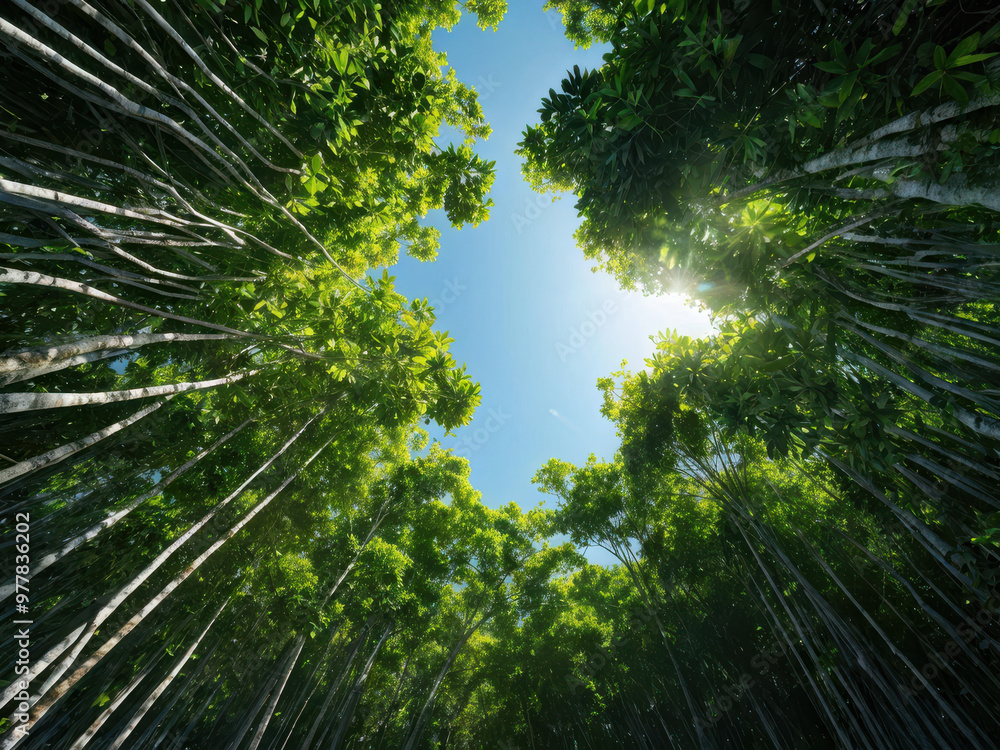 Bottom-up view of a lush green mangrove forest canopy. A detailed ...