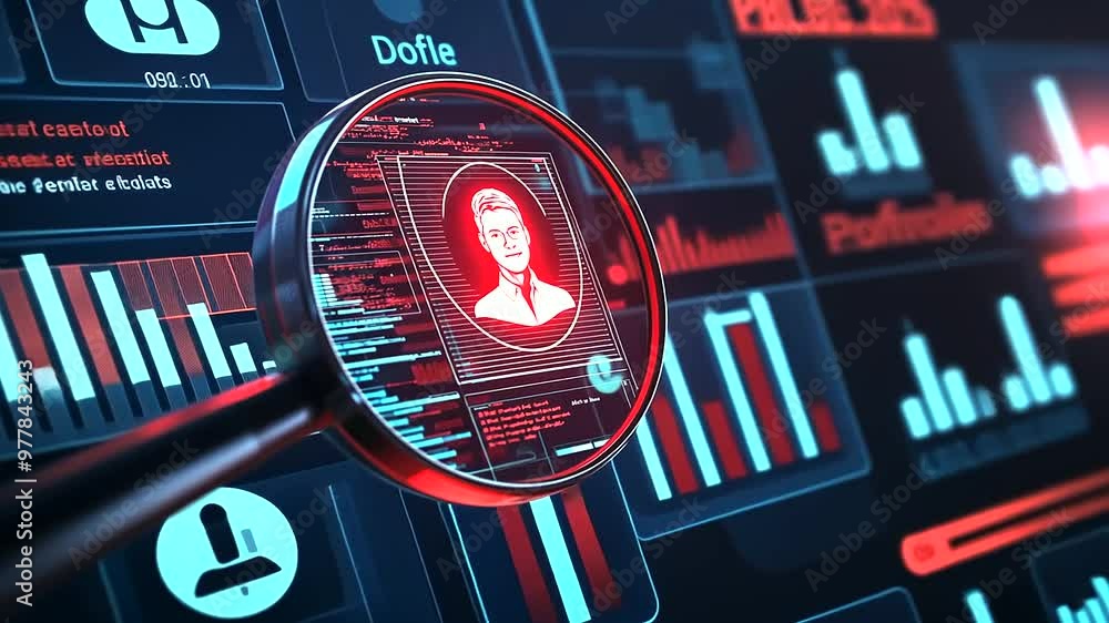 A vibrant human icon enlarged by a magnifying glass, with surrounding ...