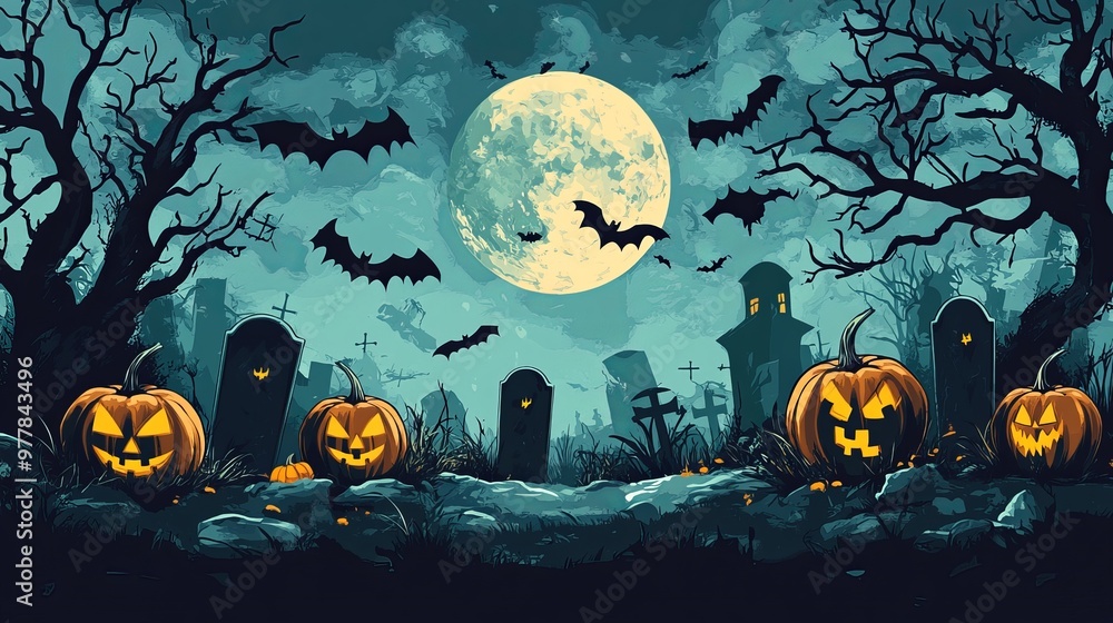 Spooky backdrop with pumpkins, tombstones, and bats under a full moon ...
