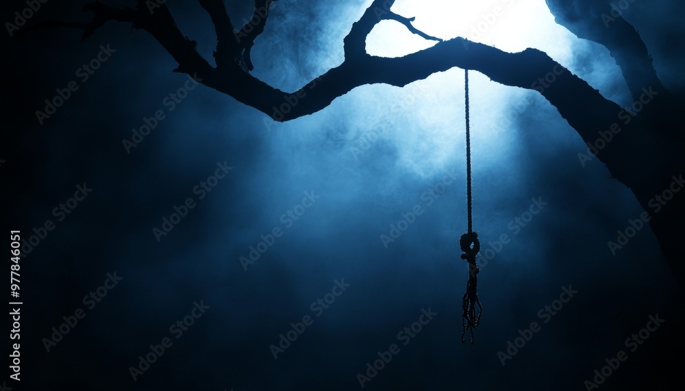 Eerie night scene featuring a noose on a gnarled tree against a dark ...