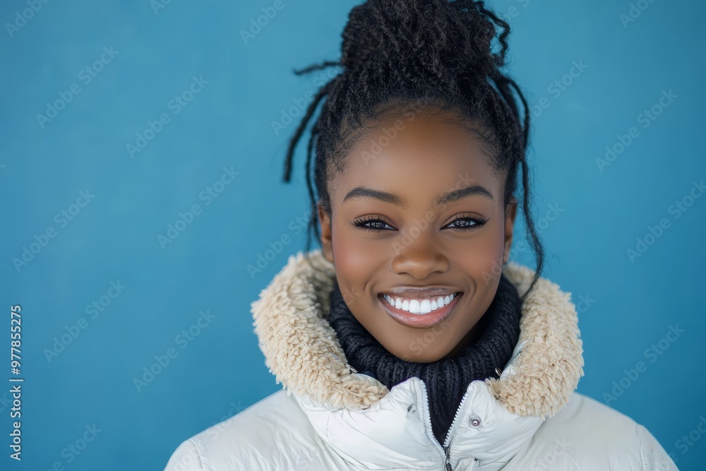 Friendly young woman with a toothless smile in a white winter jacket ...