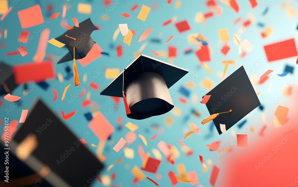 Colorful graduation caps falling amidst confetti, symbolizing ...