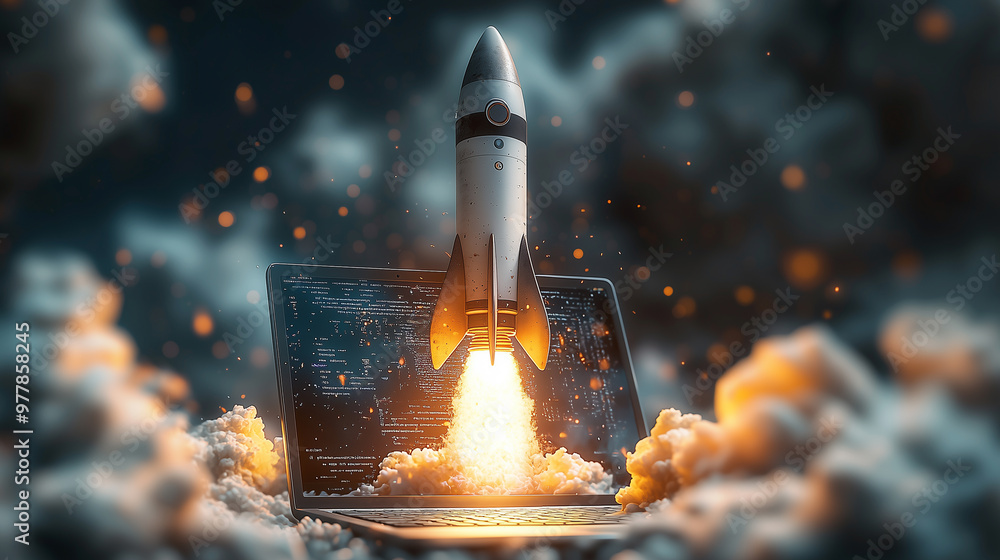 Rocket taking off from the laptop screen. The high-quality rendering ...