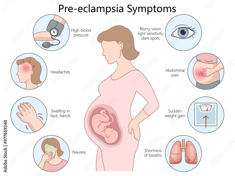 key symptoms of pre-eclampsia in pregnant women, high blood pressure, headaches, nausea, and ...