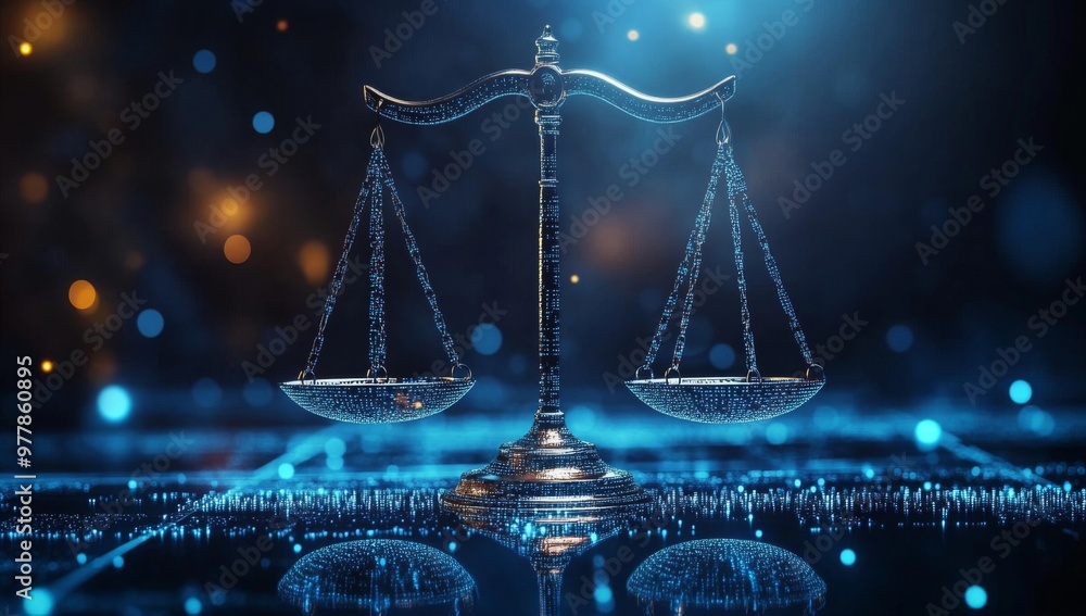 Law scales on background of data center. Digital law concept of duality ...
