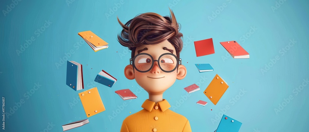 Creative 3D cartoon student utilizing flashcards and mnemonic devices ...