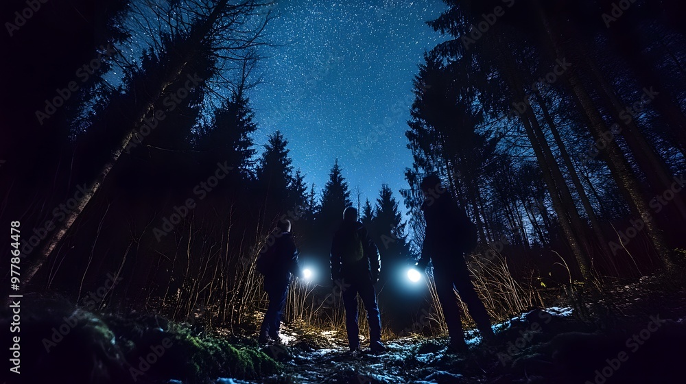 Kids exploring a forest at night using flashlights to illuminate the ...
