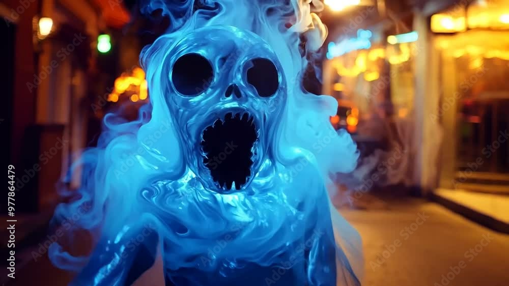 Frightening ghost with sharp teeth and glowing eyes floating on ...