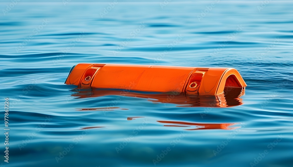 Floating orange boom barrier on tranquil blue waters, emphasizing ...