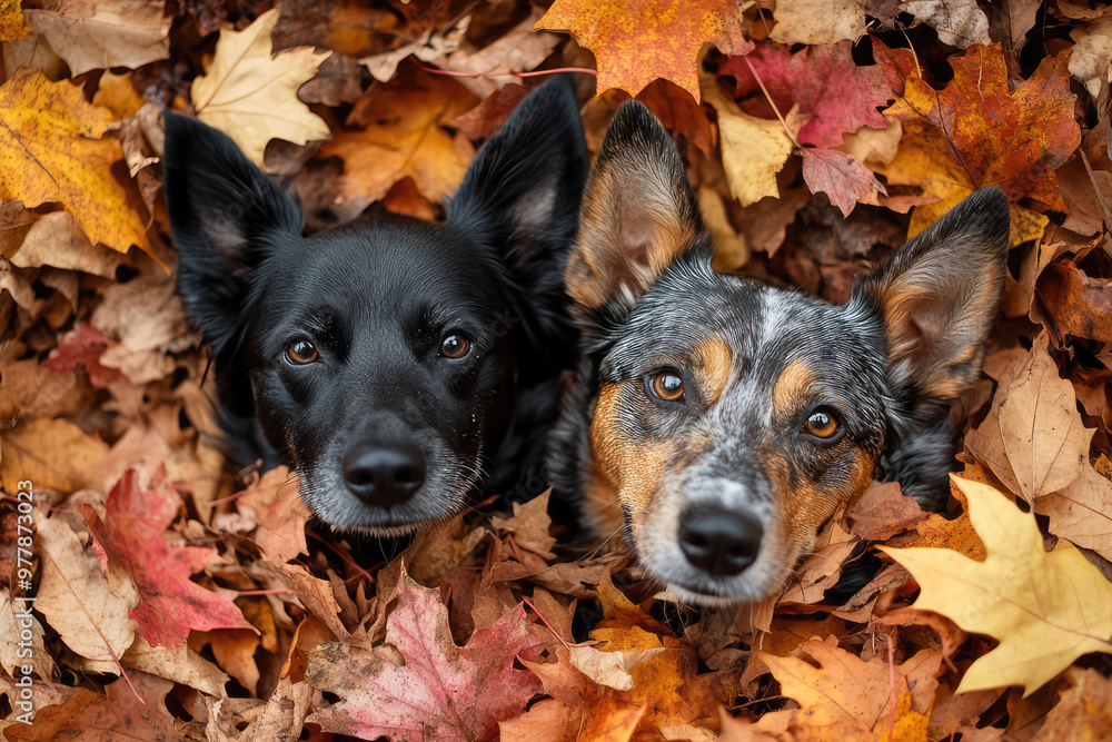 Two dogs with distinct markings and expressions peek out playfully from ...