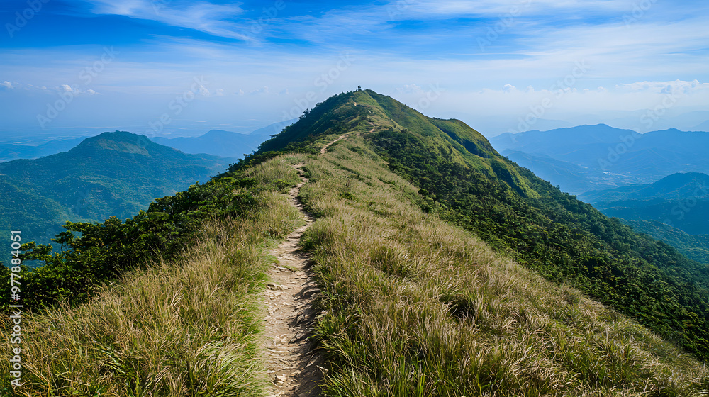 A narrow ridge trail leading up to a sharp mountain peak with expansive ...