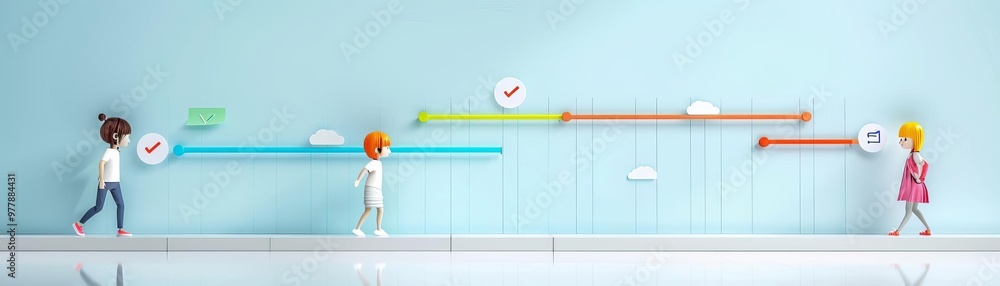 Fun 3D cartoon characters collaborating on a project timeline using ...