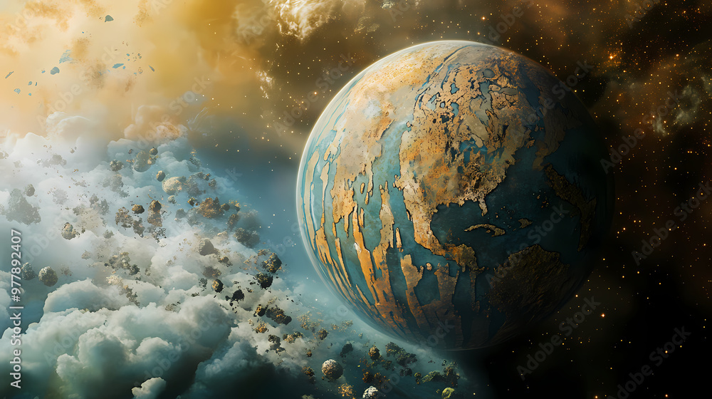 An imaginative depiction of a planet undergoing terraforming, with ...