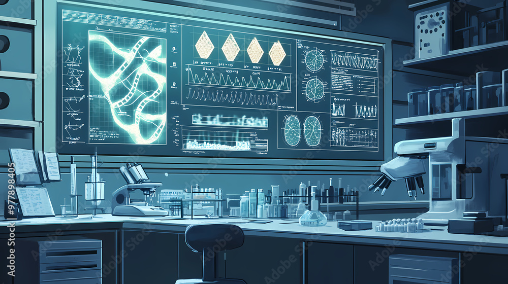 Biotech researcher's wall: featuring genetic diagrams, lab equipment ...