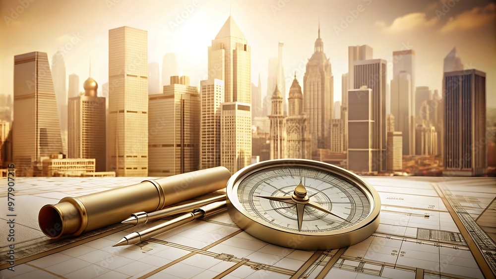 Architect Depict architectural plans with a compass and a rising ...