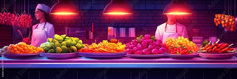 Food service setting offering rich menu variety diverse dishes cater ...