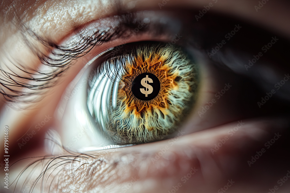 Corrupt or sellout concept image featuring a person’s eye with a dollar ...