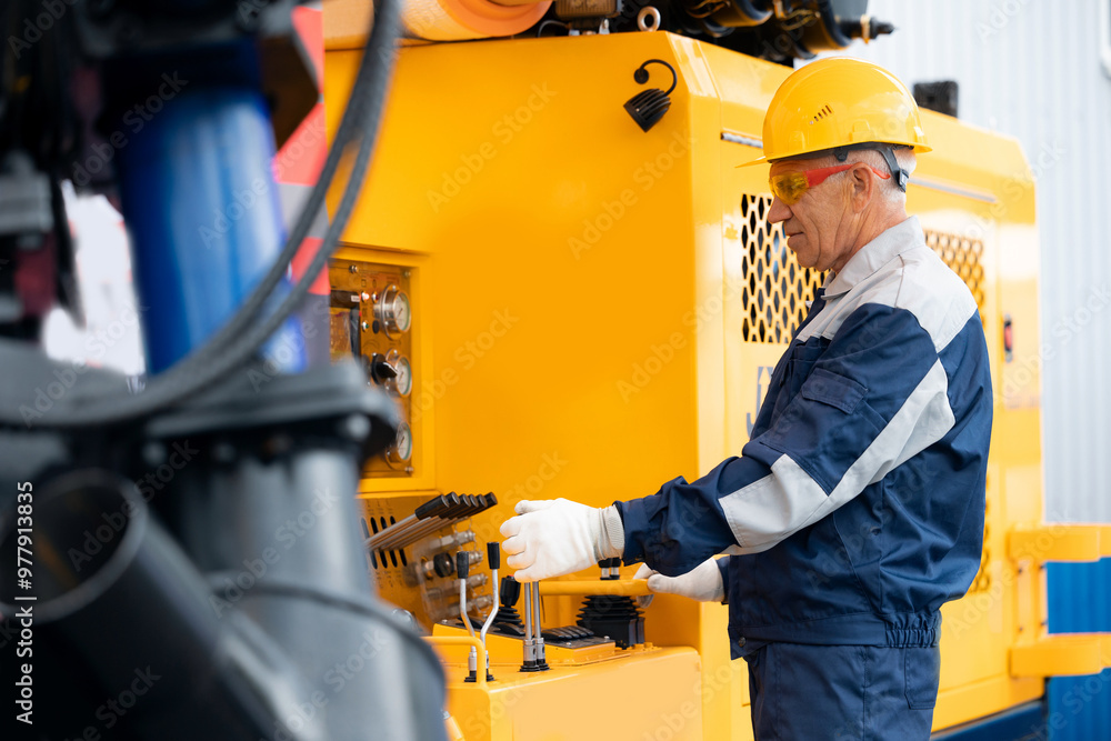 Industry operator use control panel of rig platform for drilling wells ...