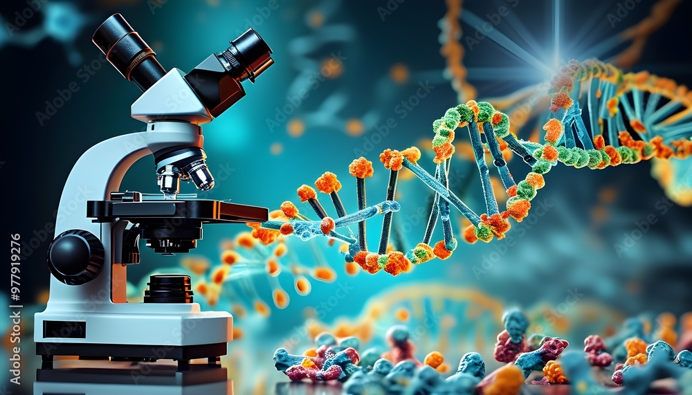Symbolic digital illustration of microscope and DNA strand representing ...