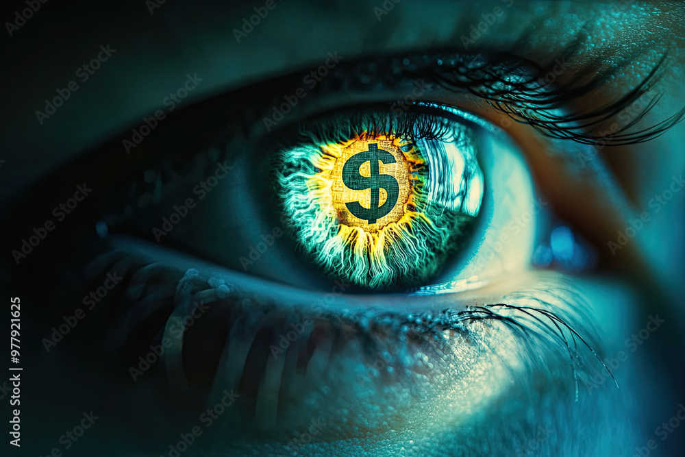 Corrupt or sellout concept image featuring a person’s eye with a dollar ...