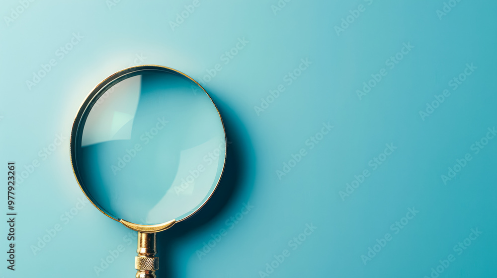 A magnifying glass is on a blue background. The blue background is a ...