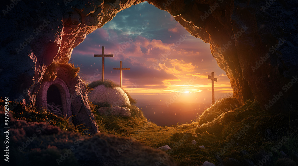 Jesus Christ's empty tomb at dawn with three crosses in the distance ...