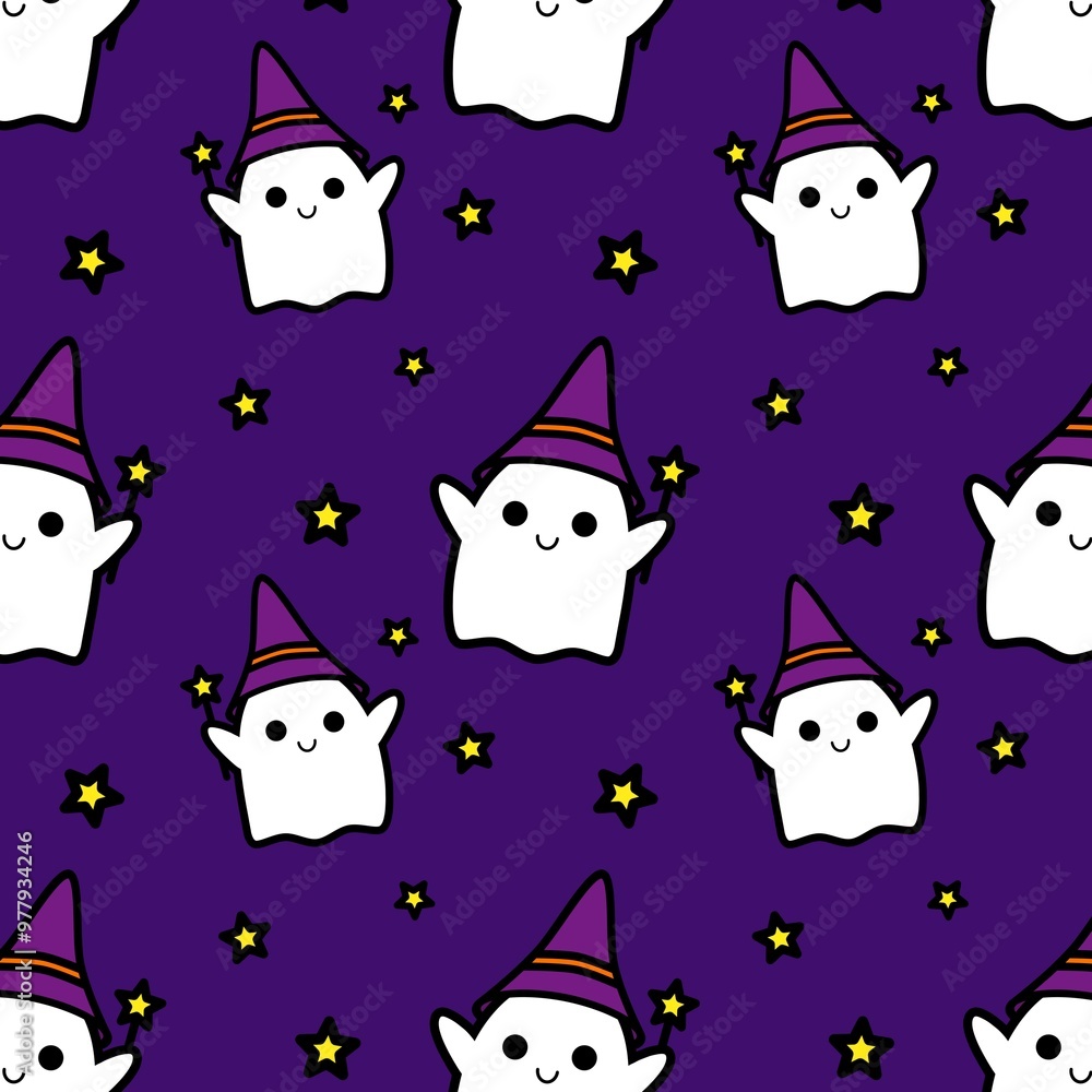 Cute cartoon ghosts with witcher hat and stars on purple background ...