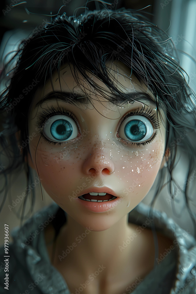 3D cartoon depiction of a young girl with exaggerated facial features ...
