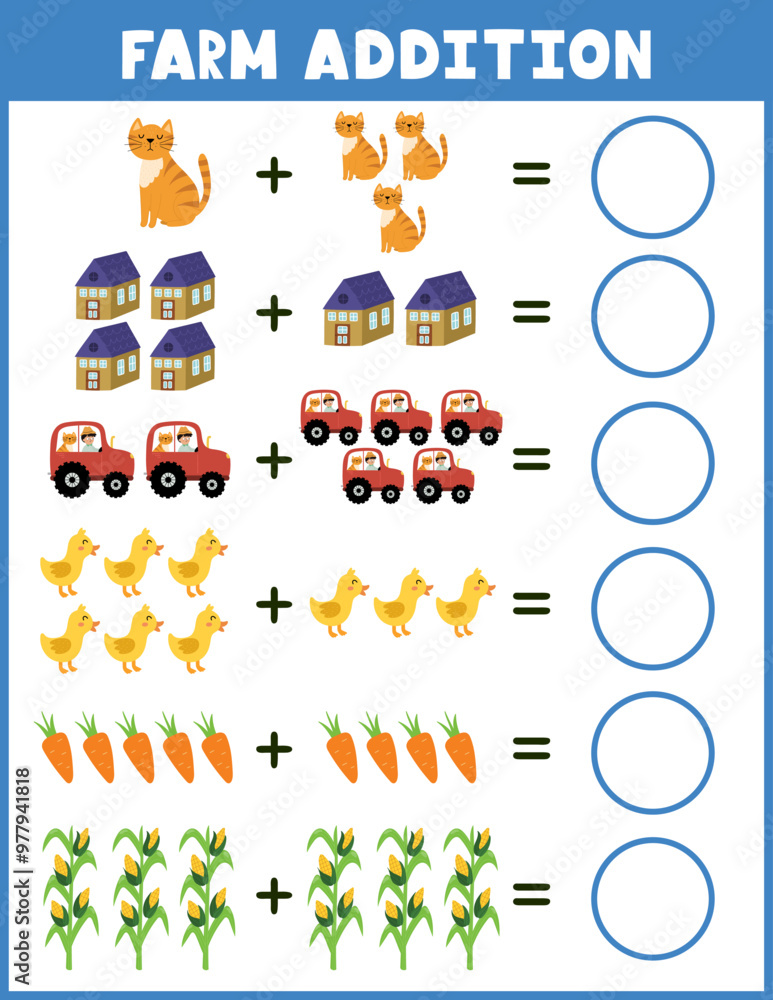 Farm addition worksheet for kids. Math activity page with cute farm ...