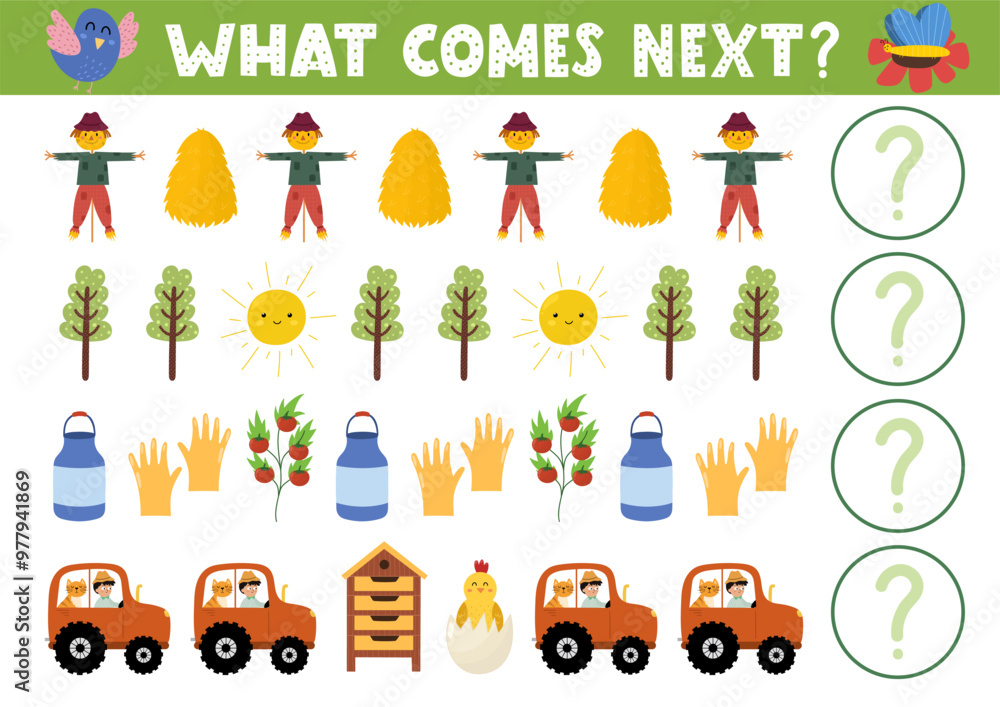 What comes next activity page for kids with cute farm characters ...