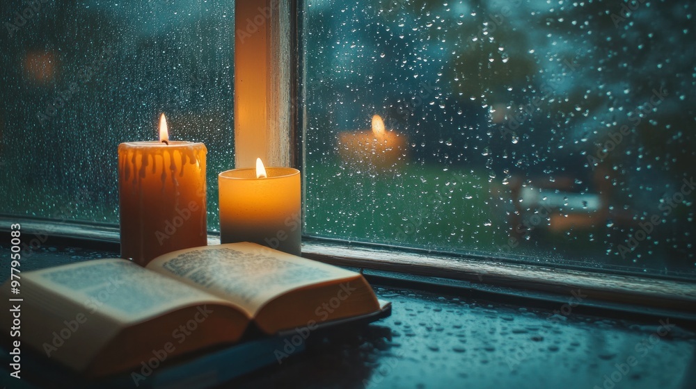 Rain falling on the window, droplets flowing, candles, books, quaint ...