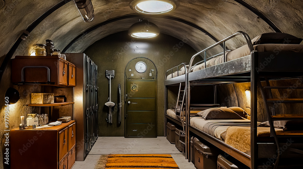 Interior of a modern bomb shelter, featuring a rugged yet sleek design ...