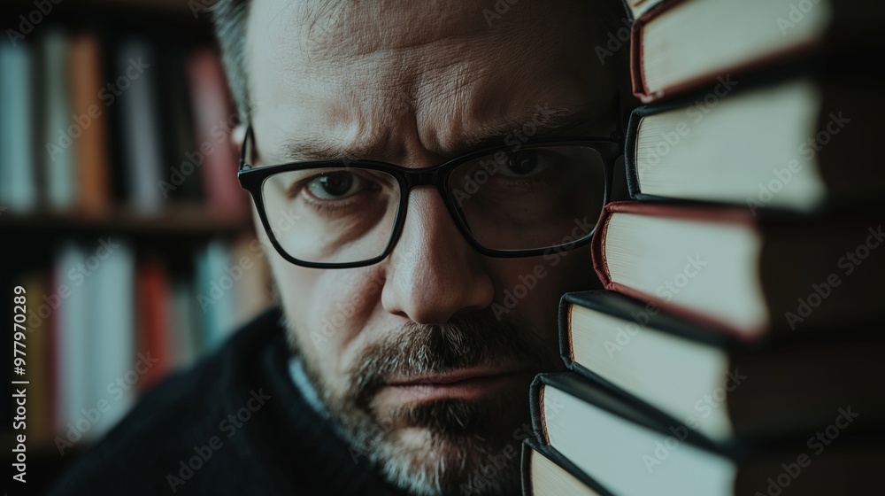 Serious professor with glasses surrounded by books in a dimly lit ...