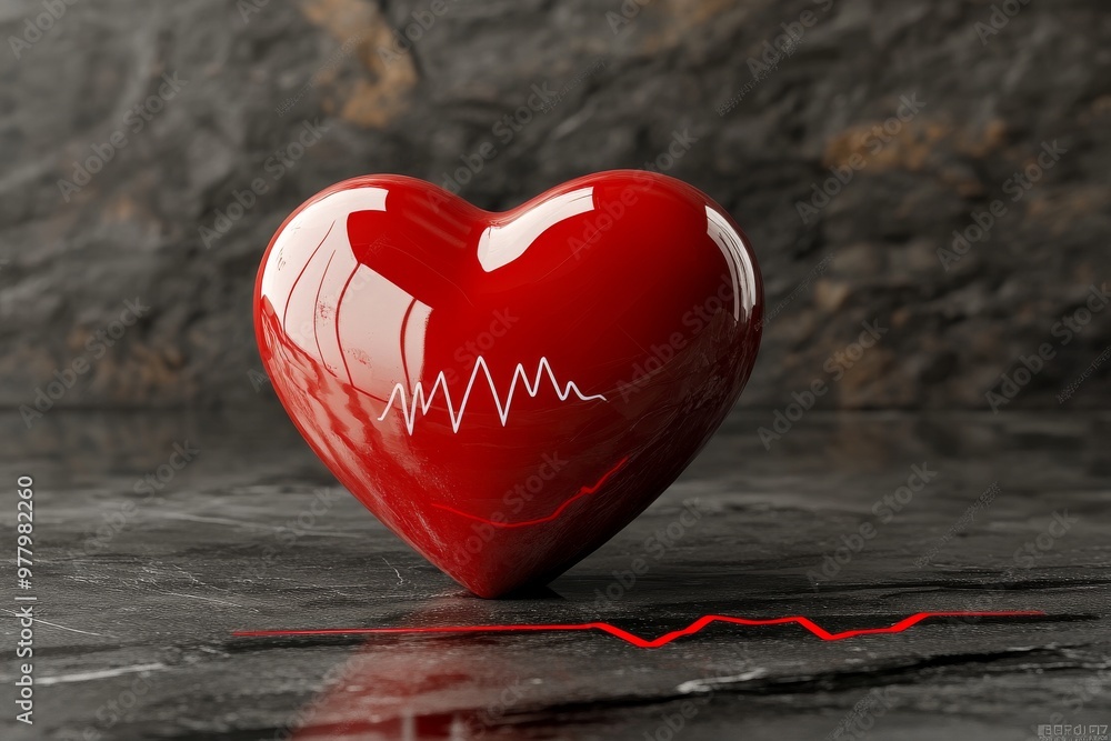 Glossy Red Heart with Cardiogram Line A Shiny Red Heart on a Stone ...