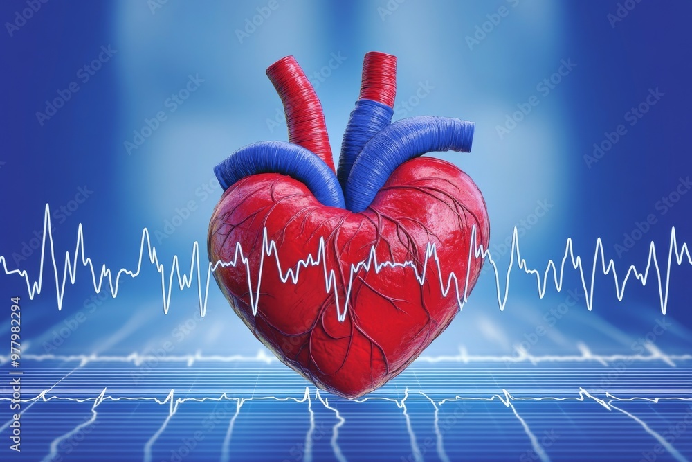 Anatomical Red Heart with Cardiogram Overlay A Realistic Detailed Human ...