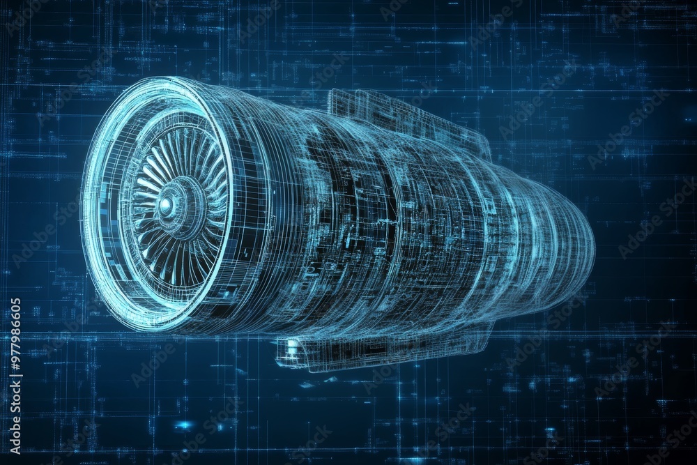 Digital Heart of Power: A futuristic jet engine rendered in blue ...