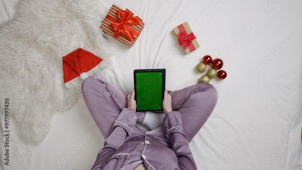 Top view of female sits on the bed using gadget with chroma key green ...