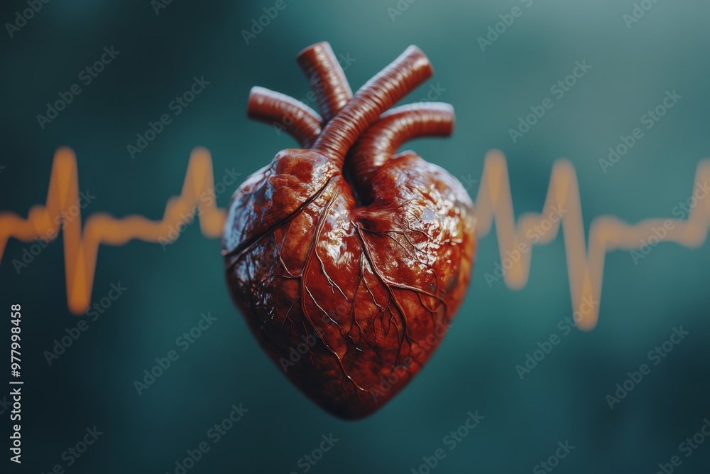 Red Anatomical Heart on Reflective Surface with Cardiogram Line ...
