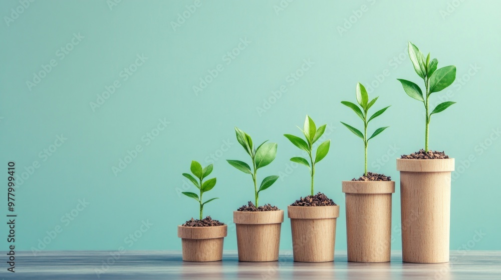 a series of five potted plants arranged in a row, ascending in size ...