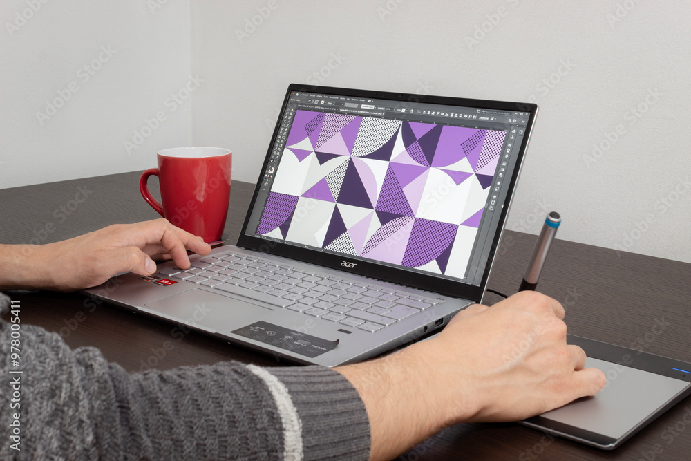 Graphic designer drawing with a wacom on adobe illustrator software ...